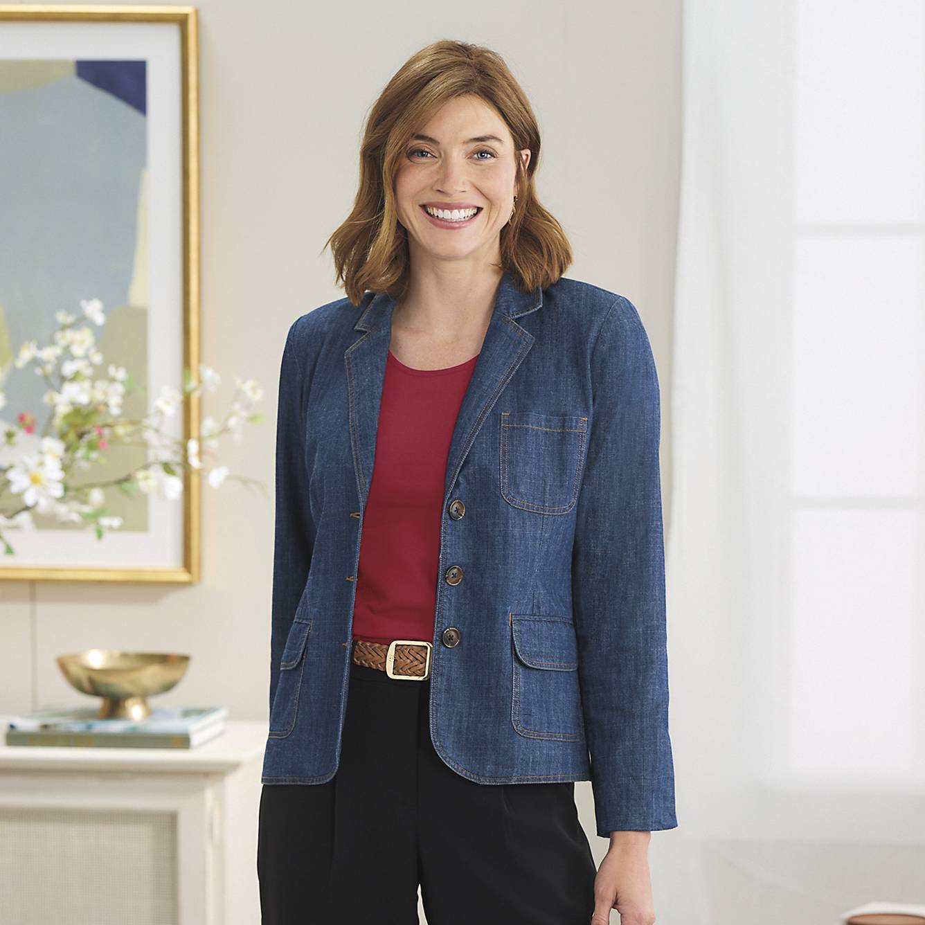 Denim Blazer, Lightweight, Notched Collar, Three-Button Placket - Chadwicks